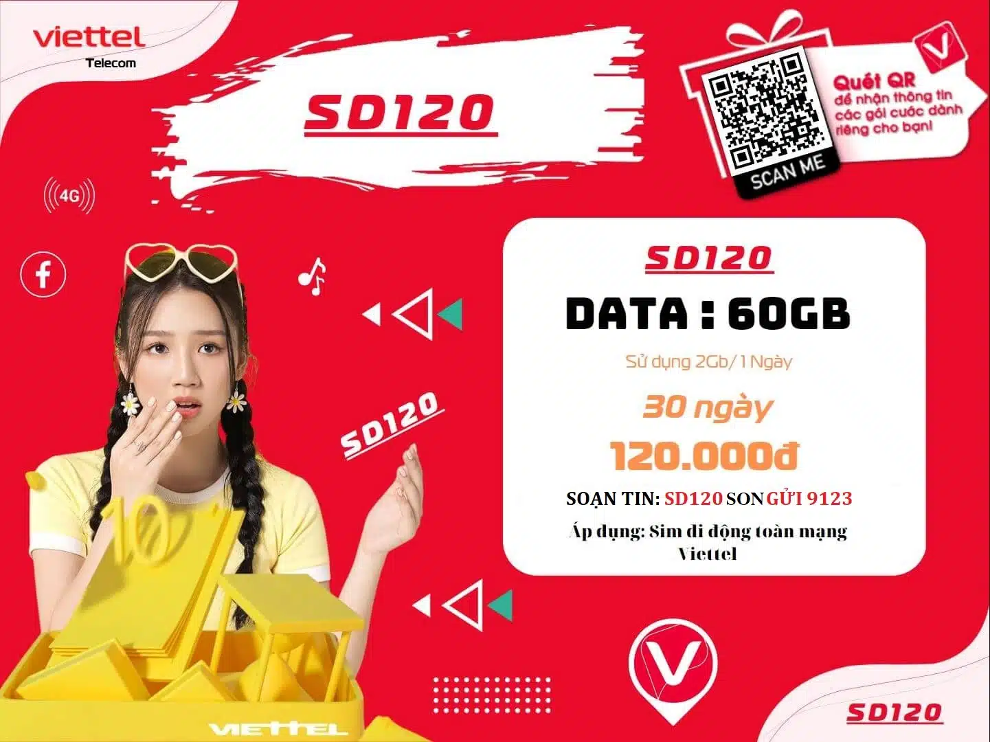 Đăng ký SD120 Viettel - Chỉ 120K có 60Gb Data 4G/30 ngày